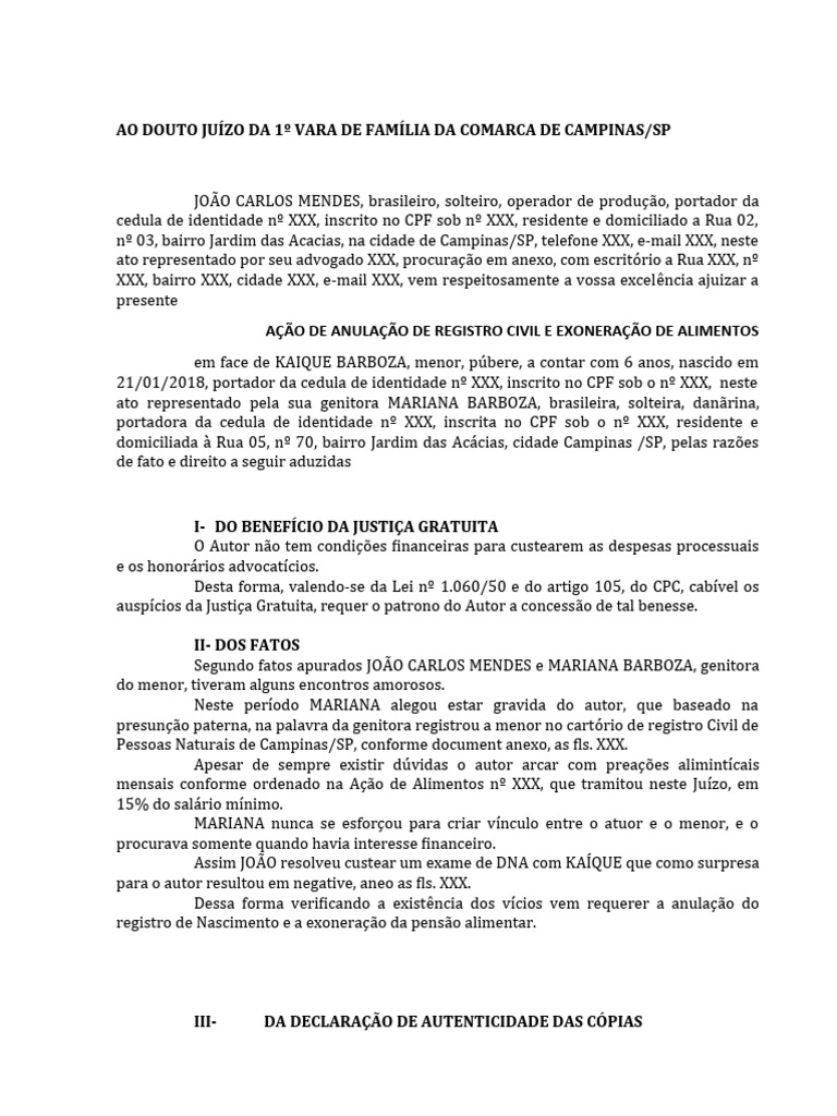 Caso 5 Acao Anulacao-De-Registro-Civil-E-Exoneracao-De-Alimentos | PDF ...