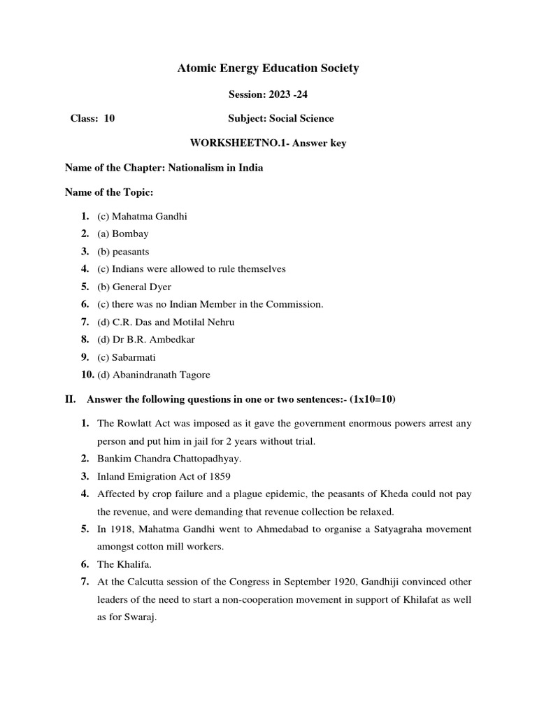 Nationalism in India - Answer Key (Worksheet 1) | PDF | Mahatma Gandhi