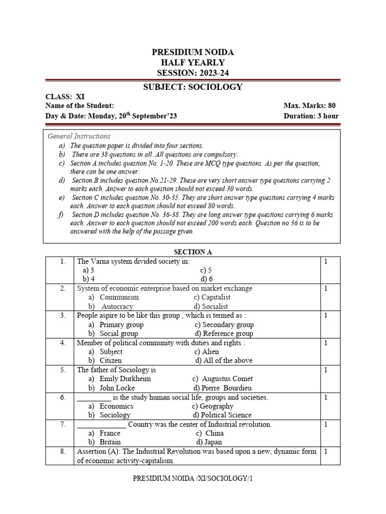 Class 11 Sociology Half Yearly Exam 2023-24 | PDF | Sociology | Émile ...