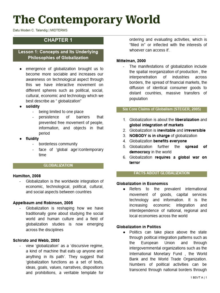 The Contemporary World Reviewer Midterms | PDF | Globalization | World Systems Theory