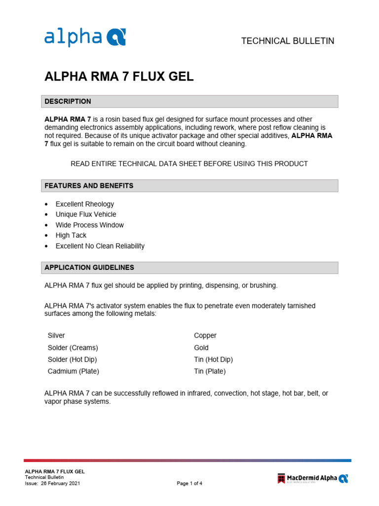 ALPHA RMA 7 Paste Flux EN 26FEB21 TB | PDF | Materials | Physical Sciences