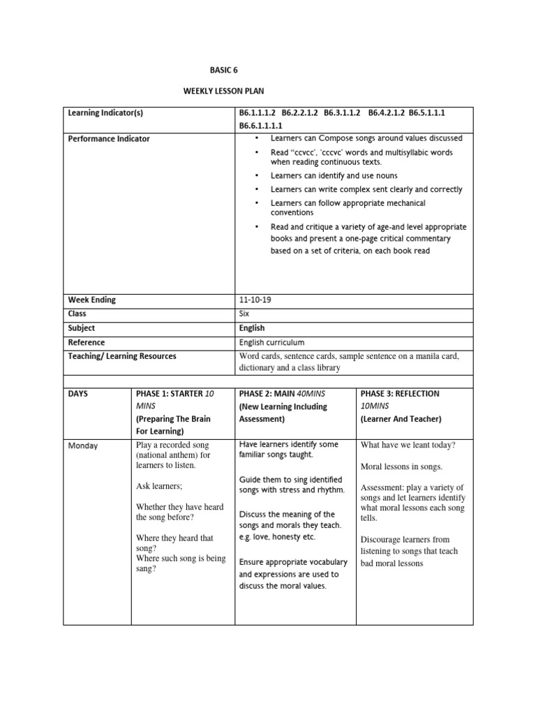 GES Basic 6 Weekly Lesson Plan | PDF | Learning | Curriculum