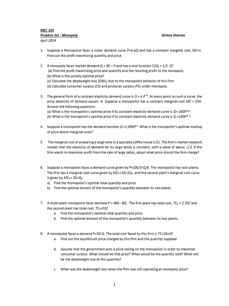 Problem Set Monopoly 1 Pdf Monopoly Demand