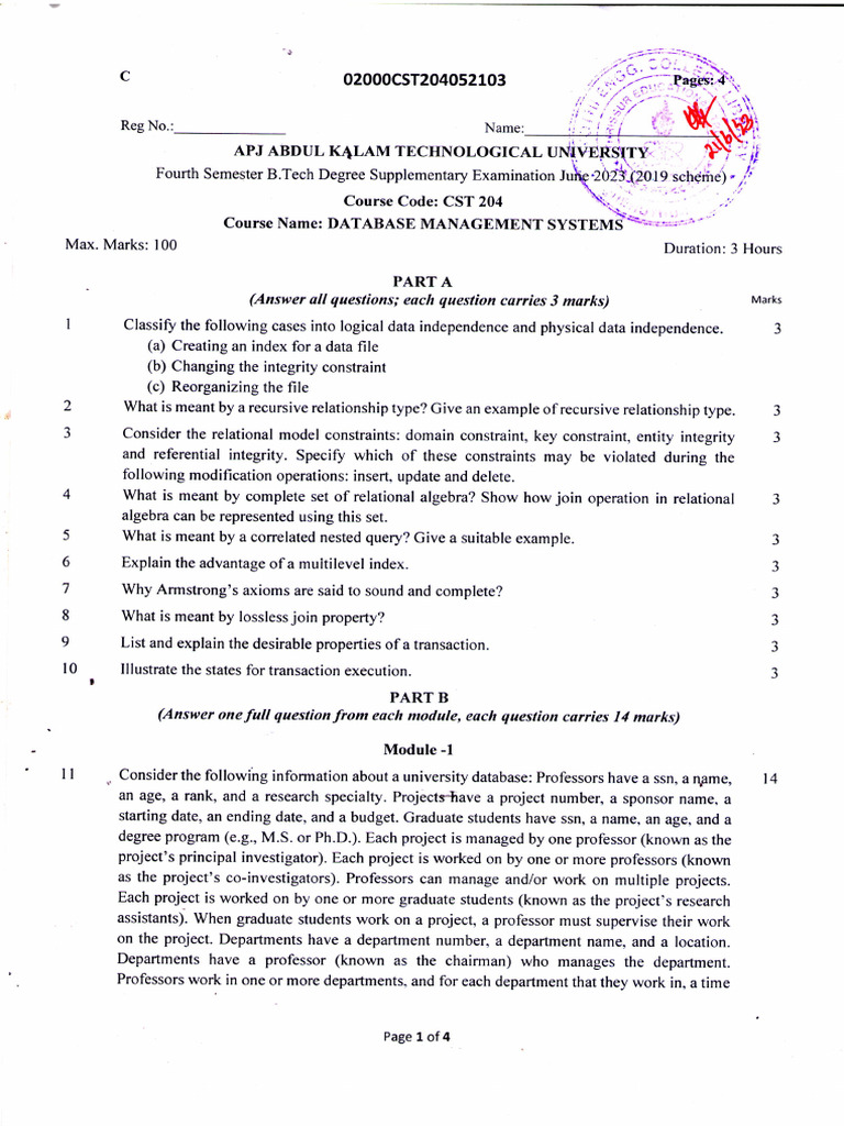 CST 204 Database Management Systems, June 2023 | PDF | Relational Database | Relational Model