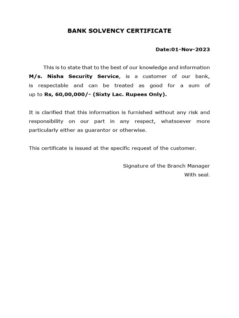 Bank Solvency Certificate for Nisha Security | PDF | Computers