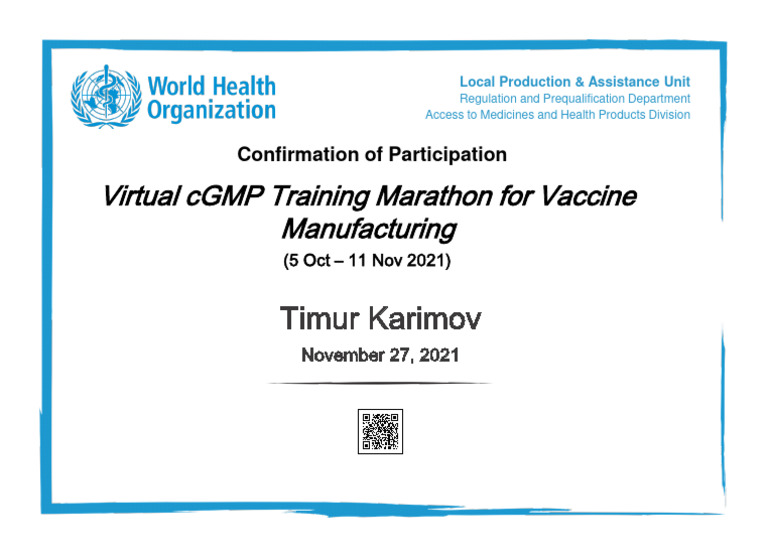 WHO LPA CGMP Training Marathon Vaccines - ConfirmationOfParticipation | PDF