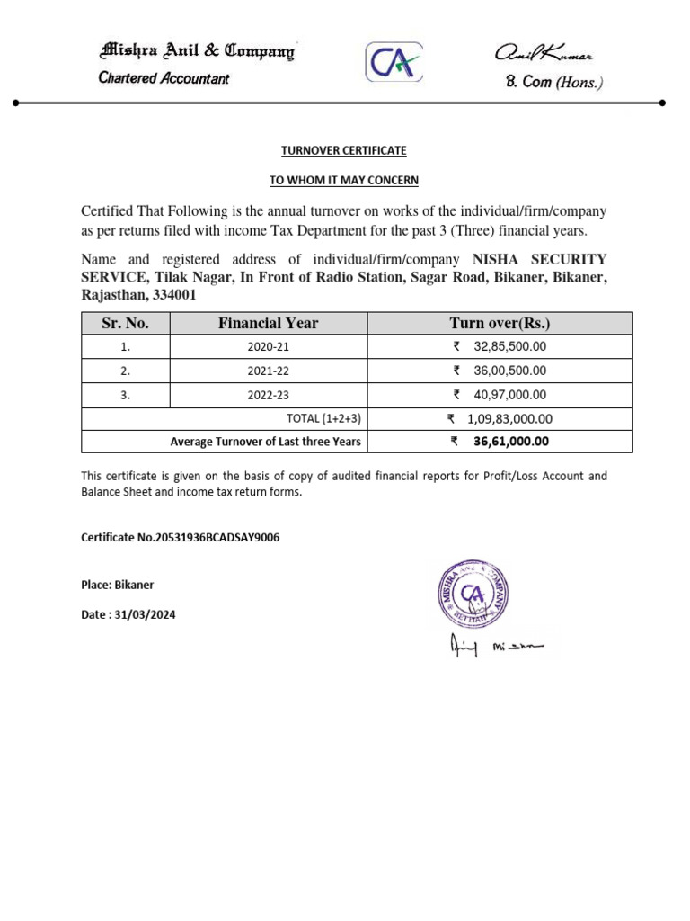 TURNOVER-CERTIFICATE- | PDF