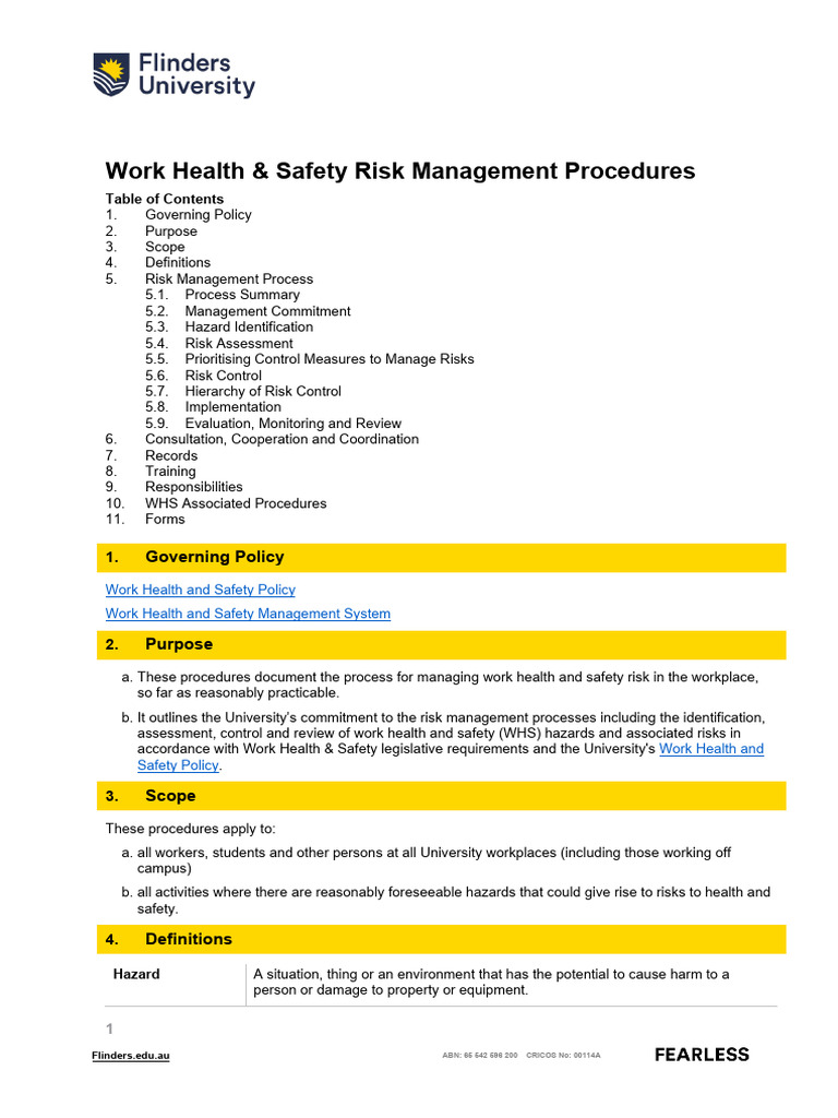 Whs Risk Management Procedures | PDF | Occupational Safety And Health ...