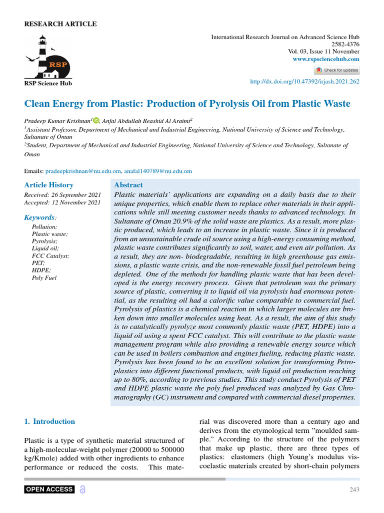 Clean Energy From Plastic Production of | Download Free PDF | Pyrolysis ...
