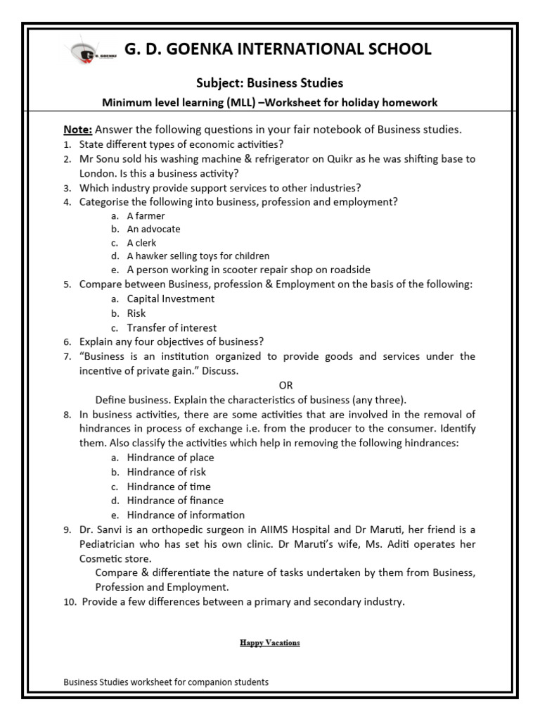 MLL Worksheet Class 11 BST (Holyday Homework) | PDF MLL Worksheet Class 11 BST (Holyday Homework) | PDF