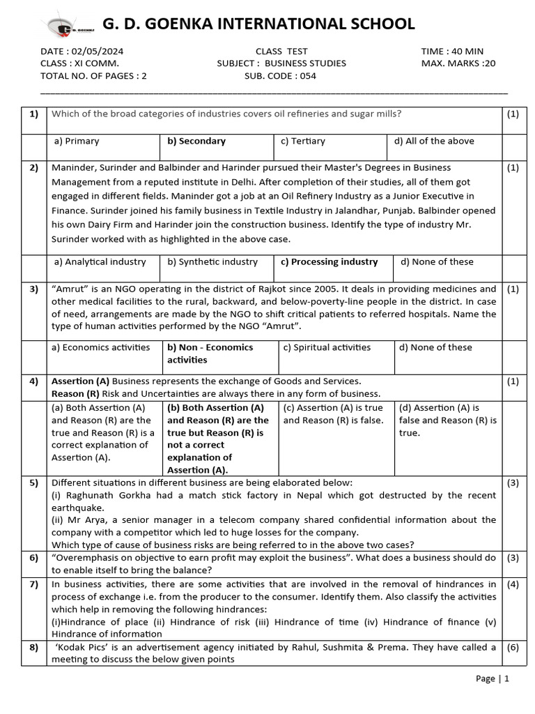 CH 1 CLASS 11 BST TEST-02-05-2024 - With Answer | PDF | Business ...