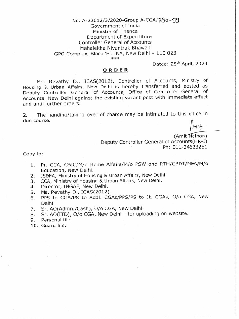 OrderNo390-99Dated25042024 - Transfer Posting Ms Revathy D | PDF