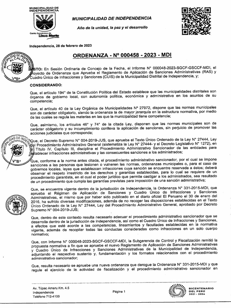 Ordenanza #458-2023-Mdi PDF | PDF