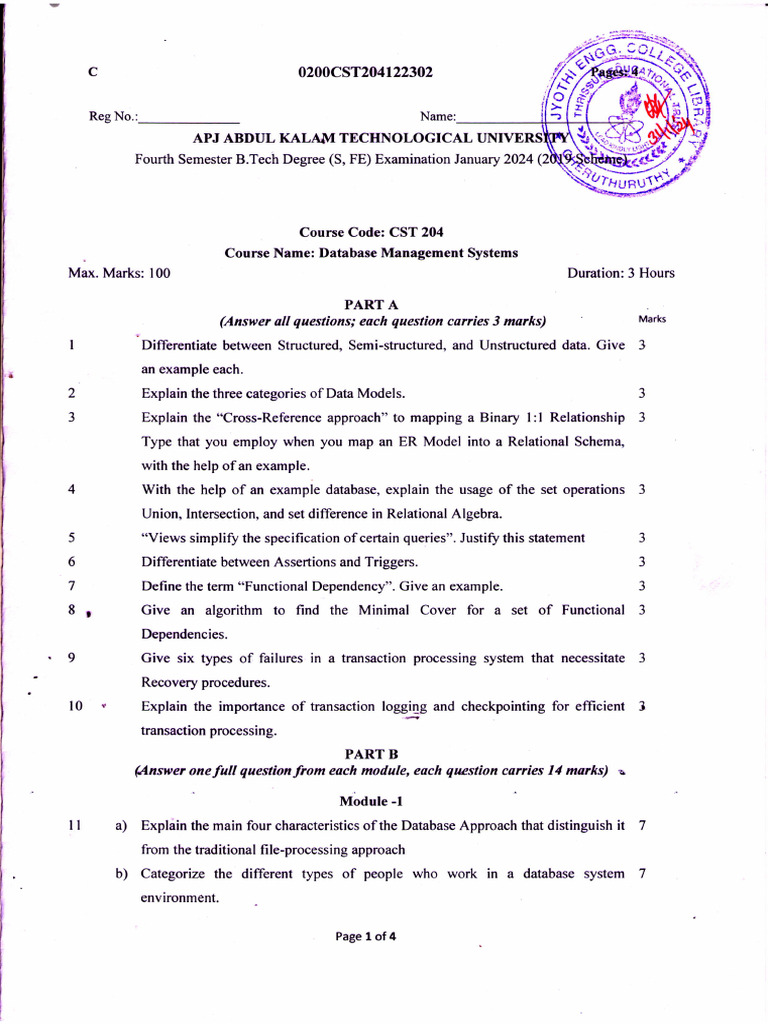 CST204 Database Management Systems, January 2024 | PDF | Relational Model | Databases
