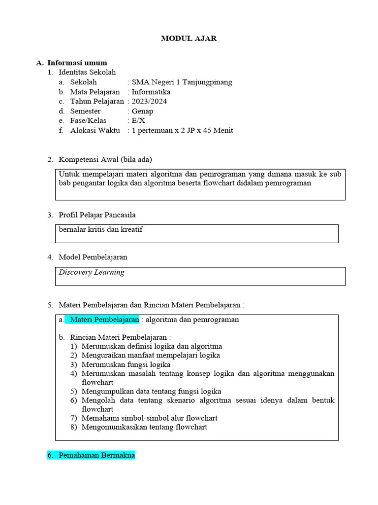 Modul Ajar Algoritma Dan Pemrograman | PDF | Metode & Bahan Ajar | Komputer
