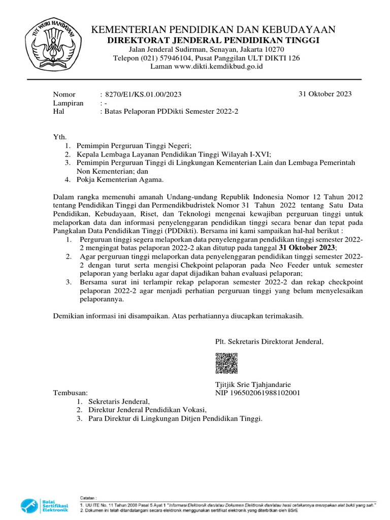 Batas Pelaporan PDDikti Semester 2022-2023 Genap | PDF