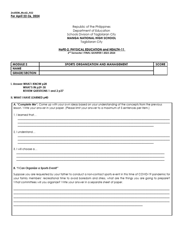 2ndsem Pehealth11 Activitysheets 23 | PDF | Human Communication | Learning