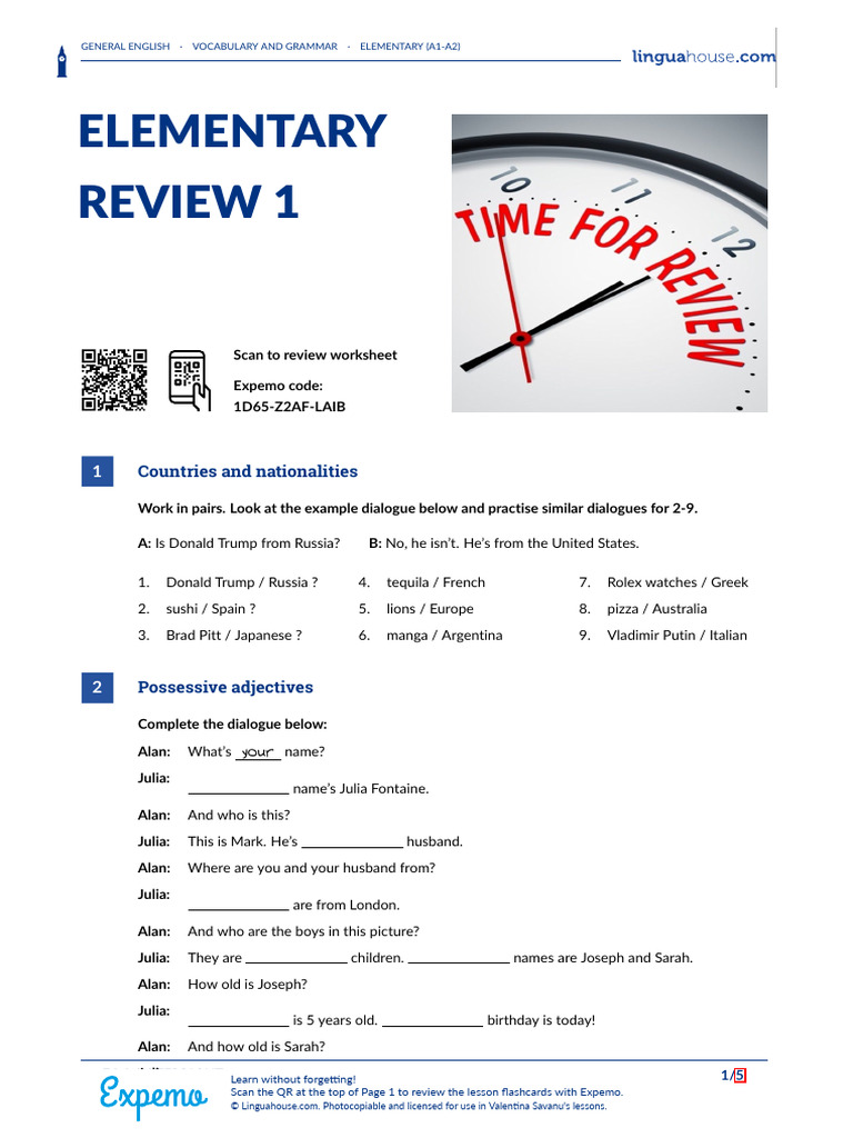 Elementary Review 1 British English Teacher | PDF | Linguistics