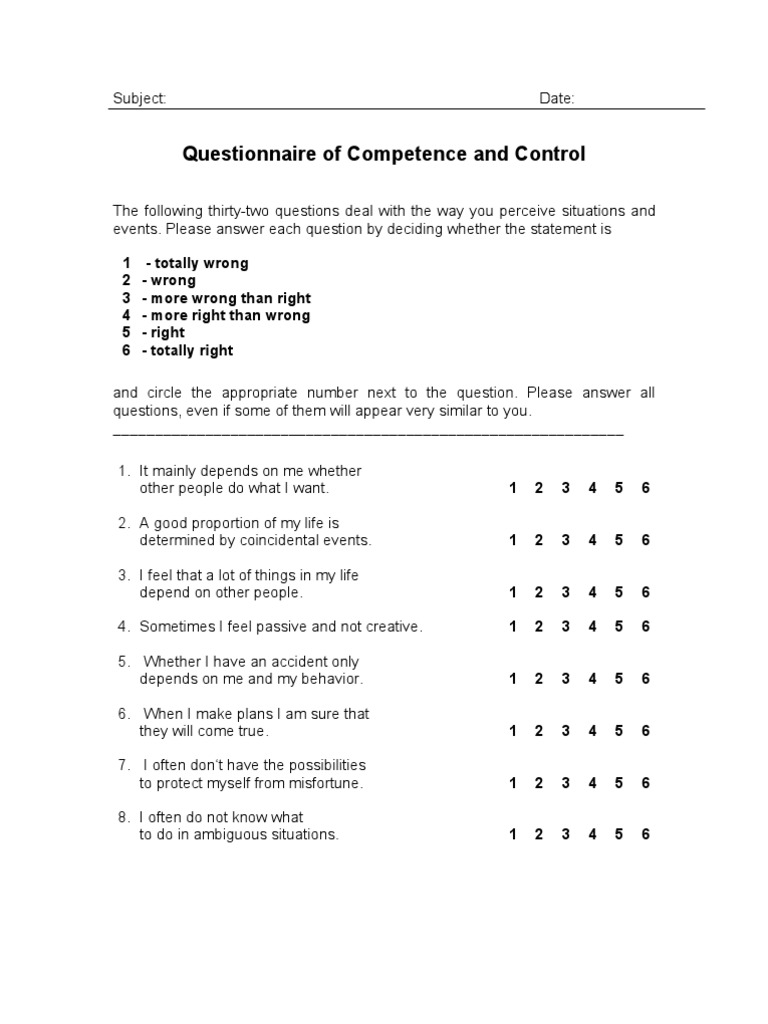 Questionnaire of Competence and Control | PDF | Applied Psychology ...