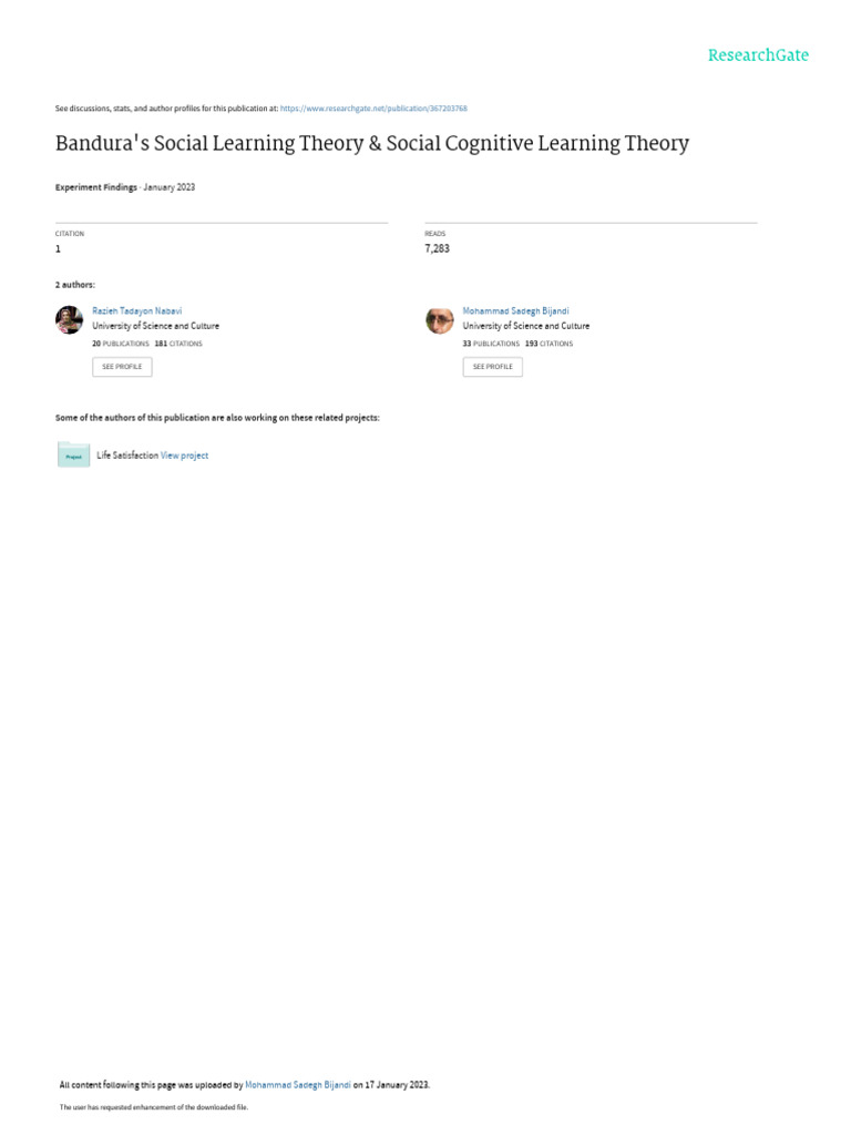 Bandura's Social Learning Theories Explained | PDF | Self Efficacy | Learning