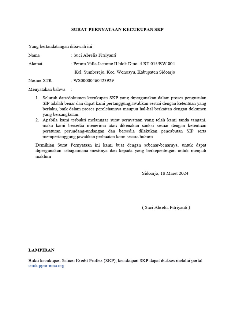 Surat Pernyataan Kecukupan SKP Suci | PDF