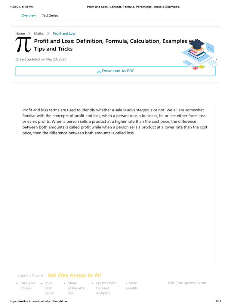 Profit and Loss - Concept and Formulae | PDF | Prices | Profit (Economics)