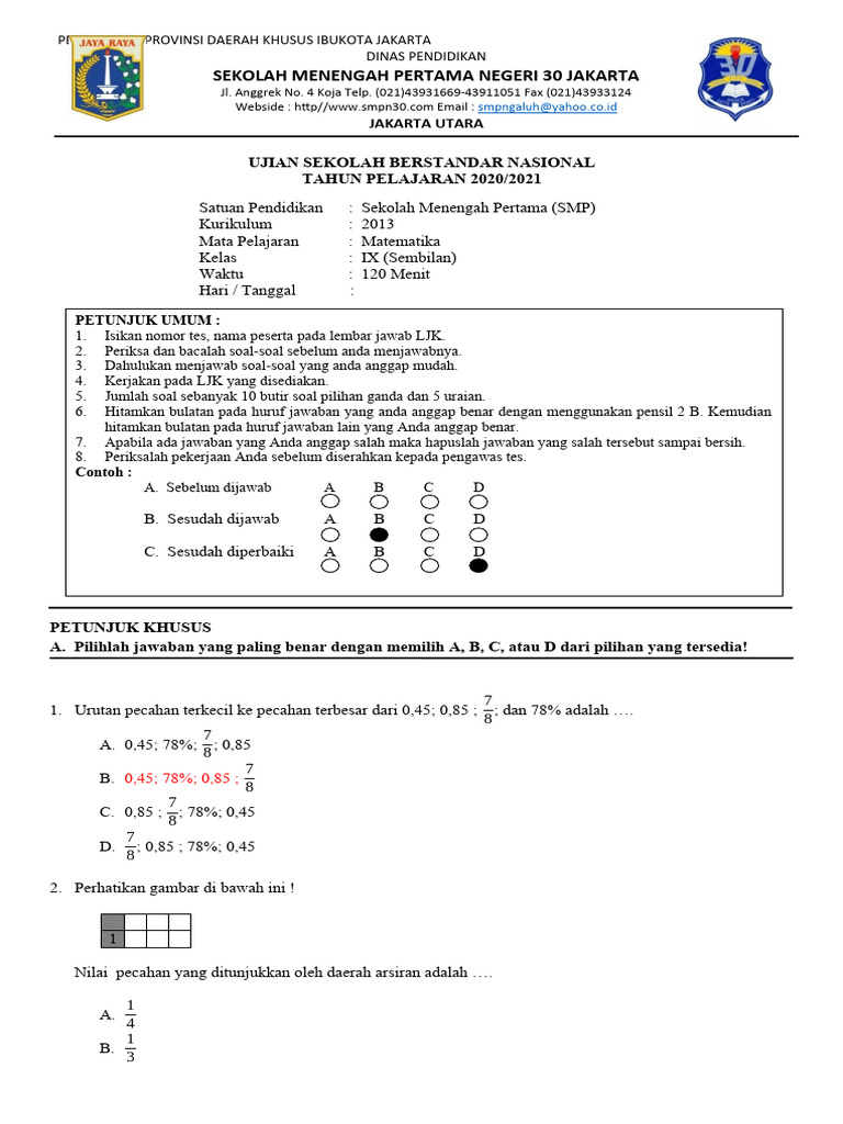 Soal Ujian Sekolah Matematika Kelas Ix 2021 | PDF | Metode & Bahan Ajar