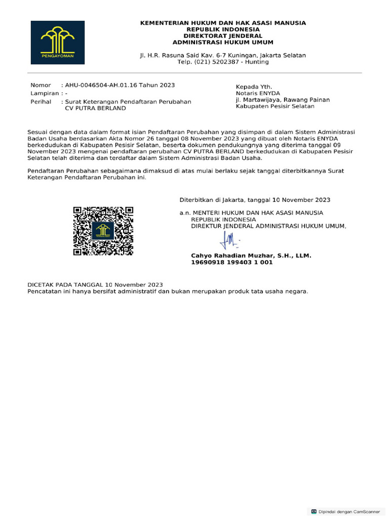 Surat Keterangan Penerimaan Perubahan AHU-0046504-AH.01.16 Tahun 2023 | PDF