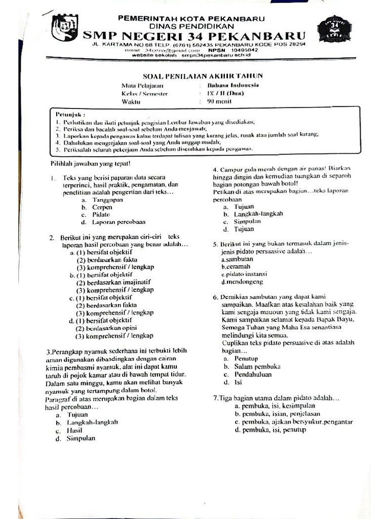Kisi-Kisi Bahasa Indonesia (Kls 9) | PDF