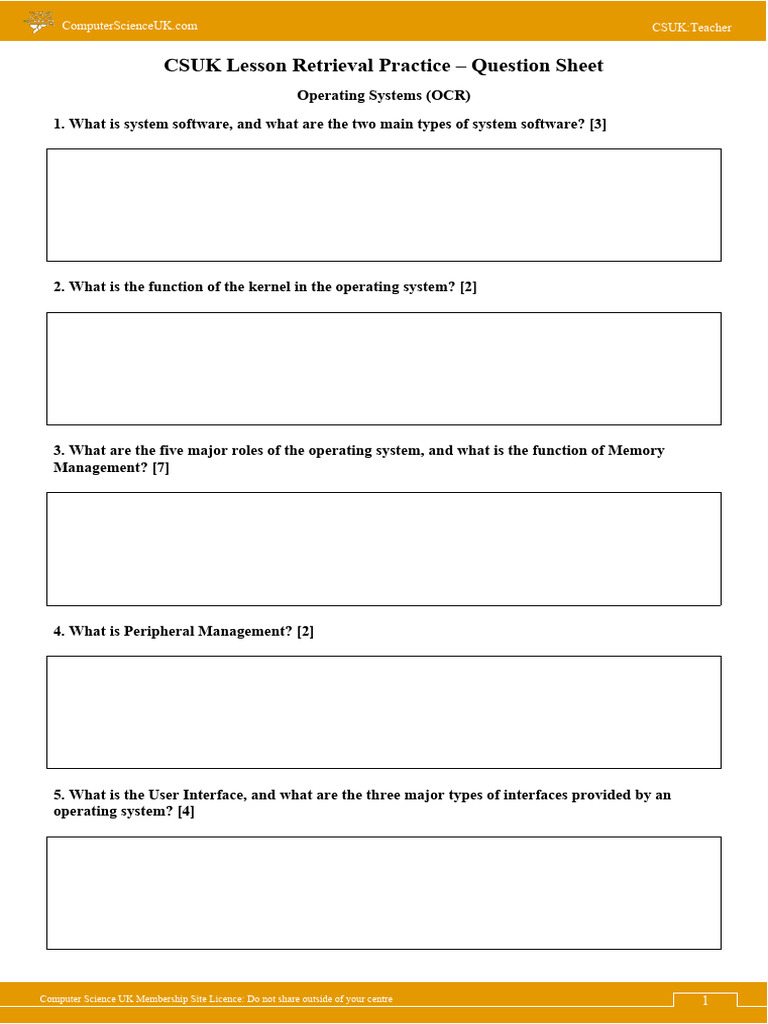 17 GCSE Lesson Retrieval Practice (Assessments) - Operating Systems ...