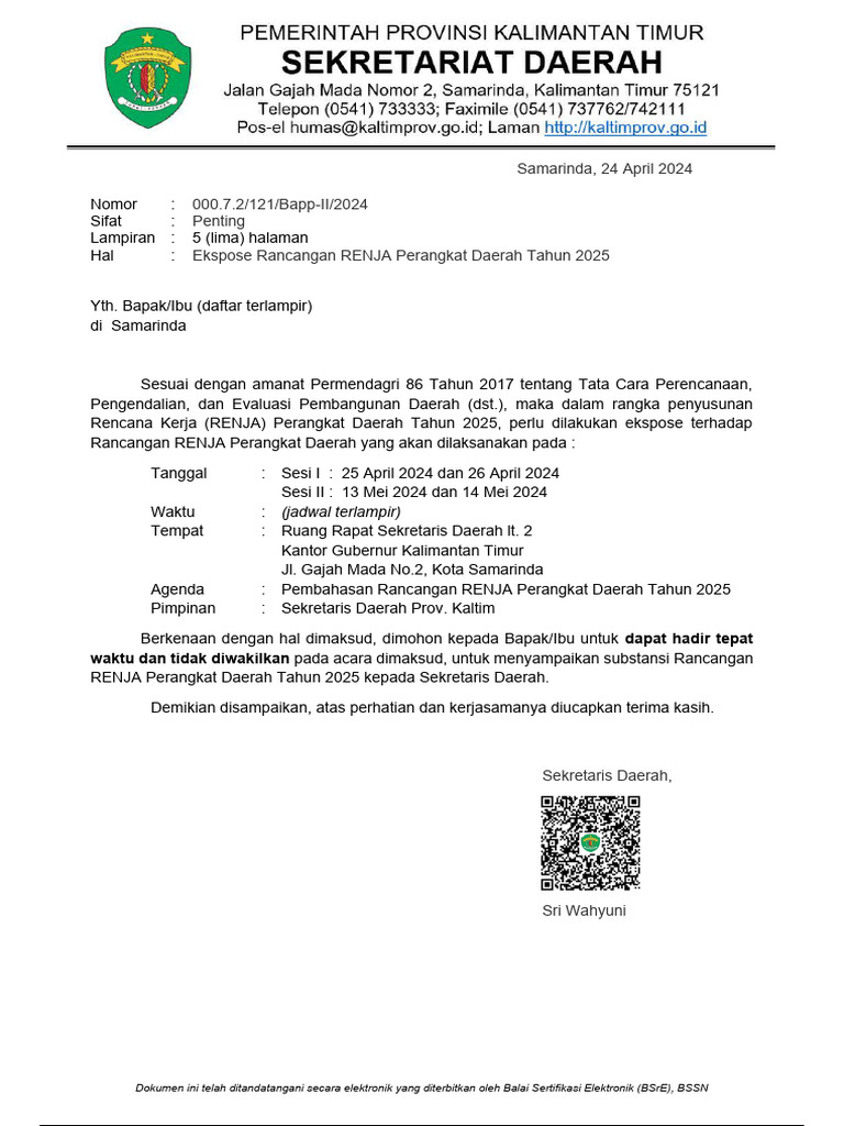 Surat Undangan Ekspose Rancangan RENJA PD Tahun 2025 (Srikandi) | PDF