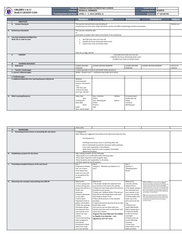 DLL - Science 5 - Q4 - W1 | PDF | Teachers | Learning