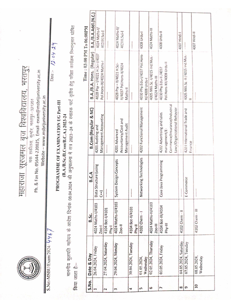 Time Table UG Part III Exam 20241 PDF
