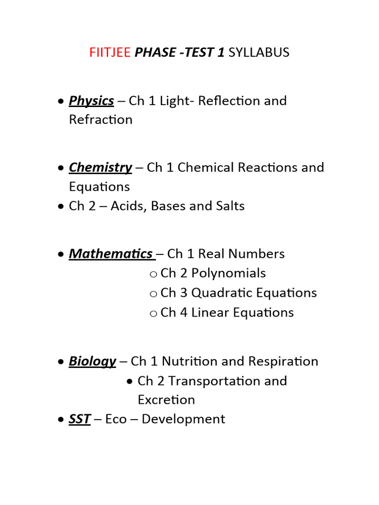 FIITJEE Phase Test 1 Syllabus | PDF