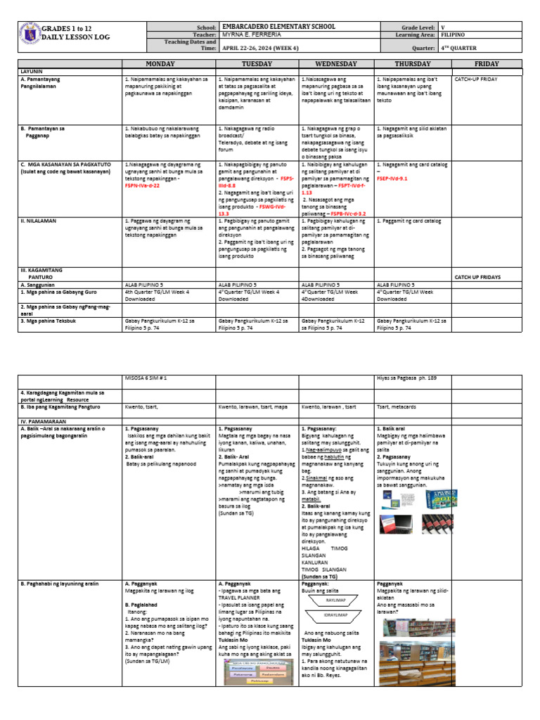 Grade 5 DLL FILIPINO 5 Q4 Week 4 | PDF
