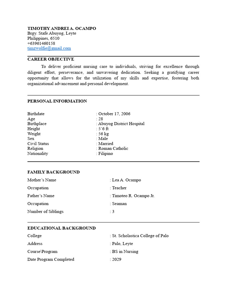 TIMOTHY ANDREI A. OCAMPO Resume | PDF | Health Care