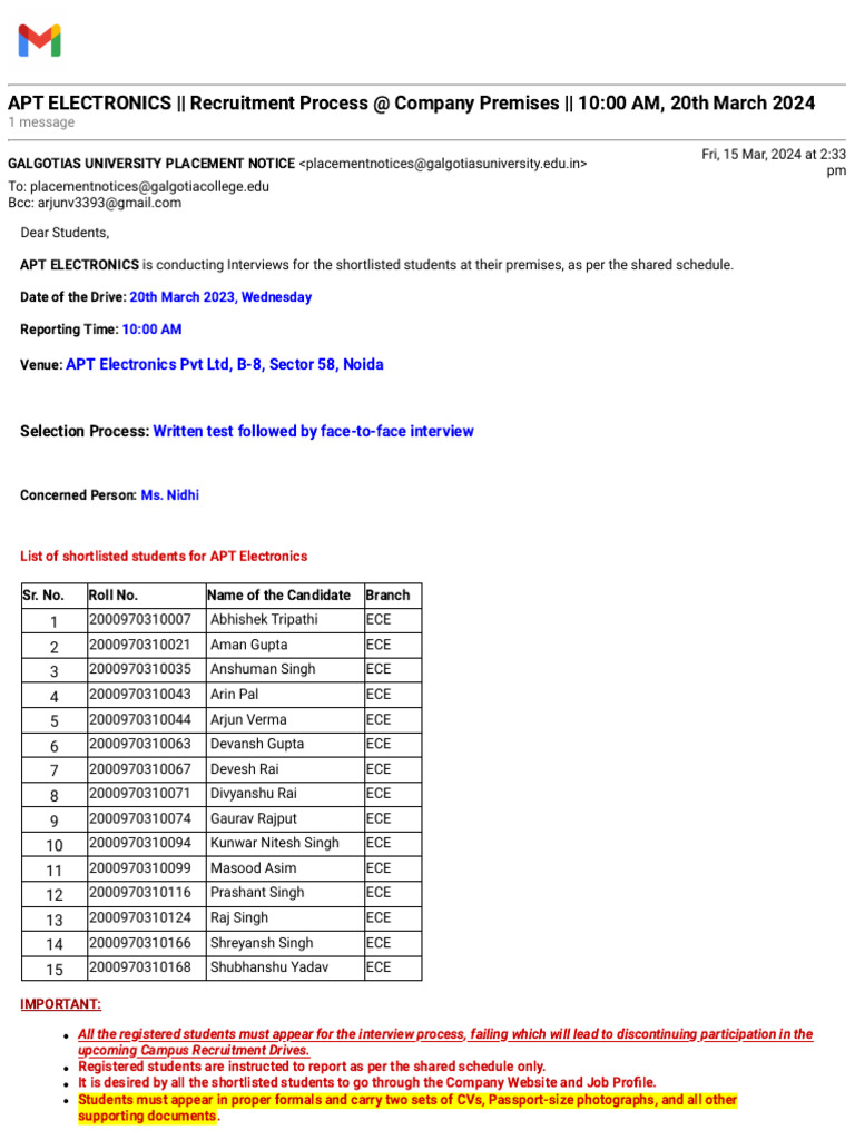 Gmail - APT ELECTRONICS - Recruitment Process at Company Premises - 10 ...