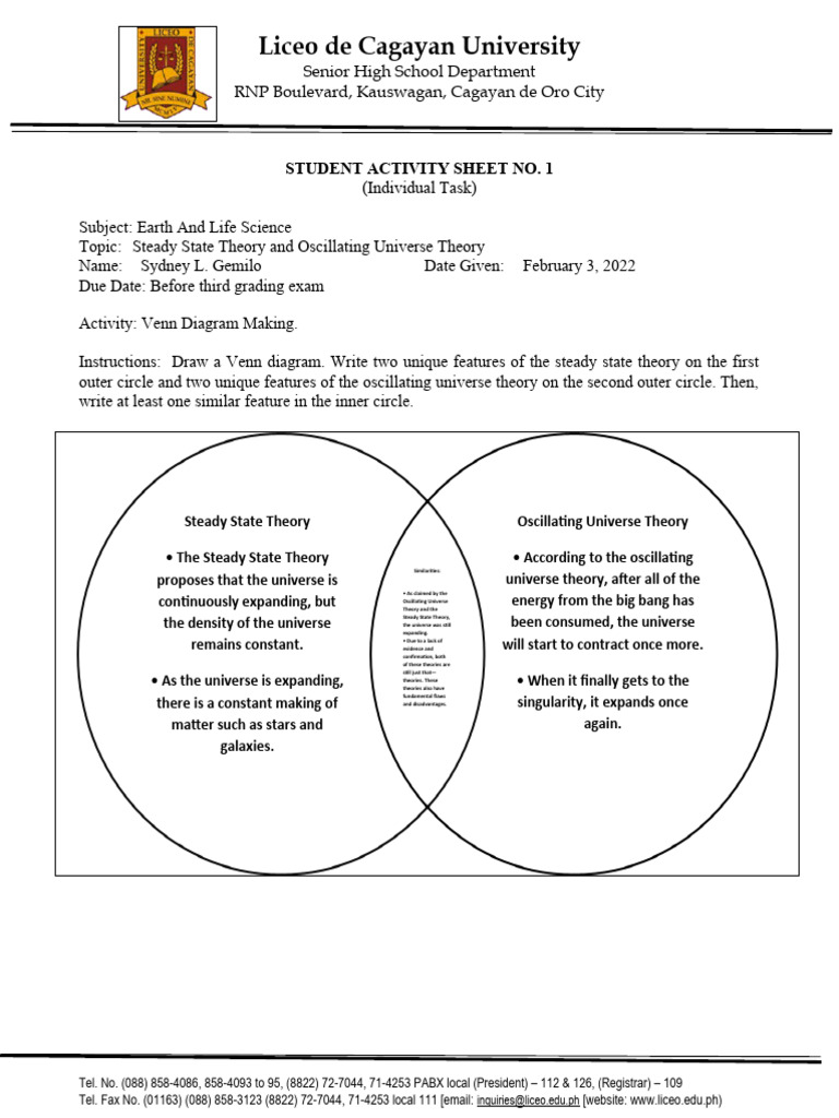 Activity No. 1 - Venn Diagram Making | PDF | Universe | Scientific Theories