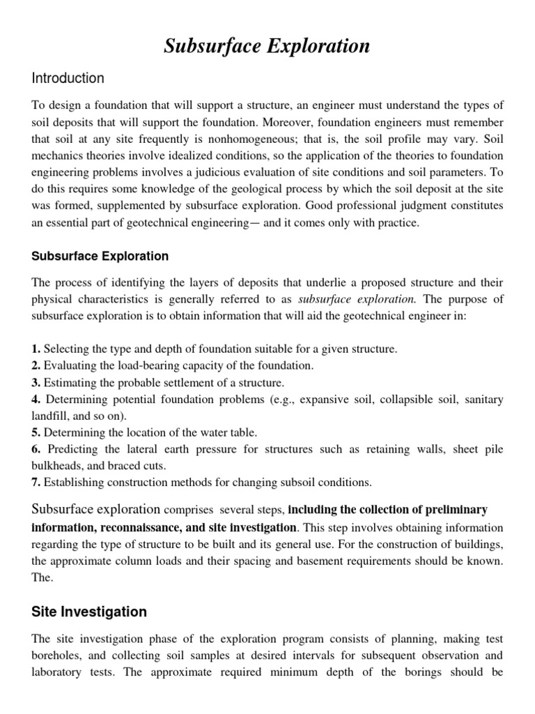 Subsurface Exploration for Foundations | PDF | Civil Engineering