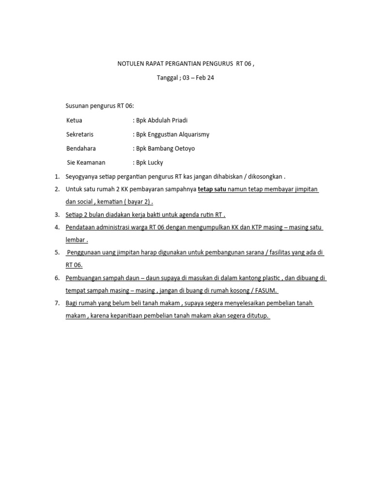 Notulen Rapat Pergantian Pengurus RT 06 Pak Priiii | PDF