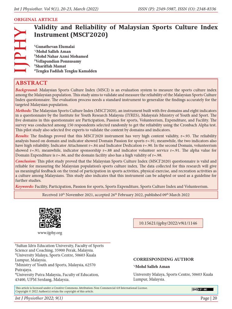 Validity and Reliability of Malaysian Sports Cultu | PDF | Validity ...