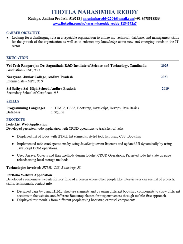 Veera_Gurunadham__Resume | PDF | Bootstrap (Front End Framework) | Java Script