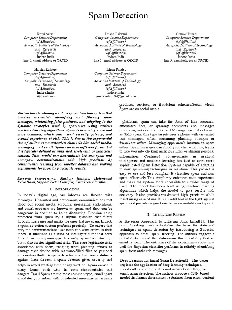 Research Paper Spam Detection | PDF | Statistical Classification ...
