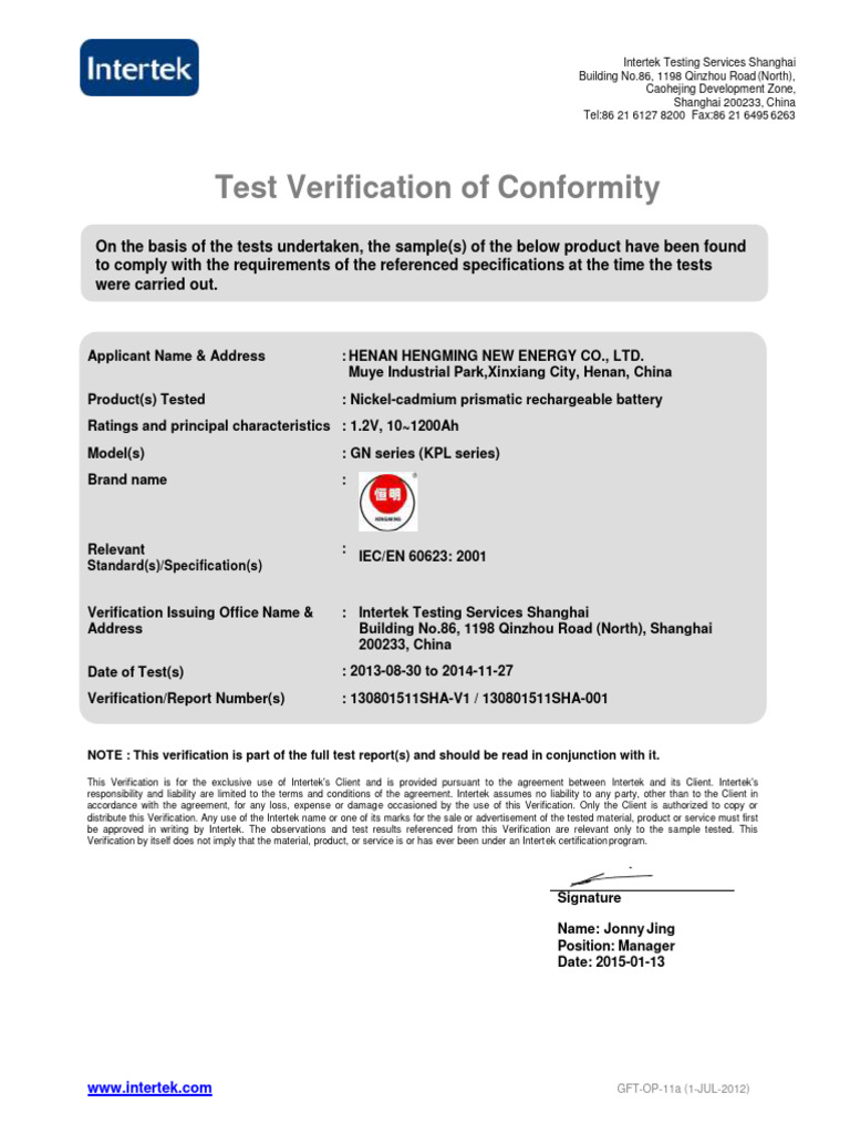 2. IEC60623 Certificate GN Seri | PDF