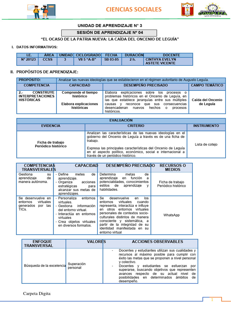 Sesión de Aprendizaje 4 U3 - 5A-B CCSS | PDF | Aprendizaje | Enseñando