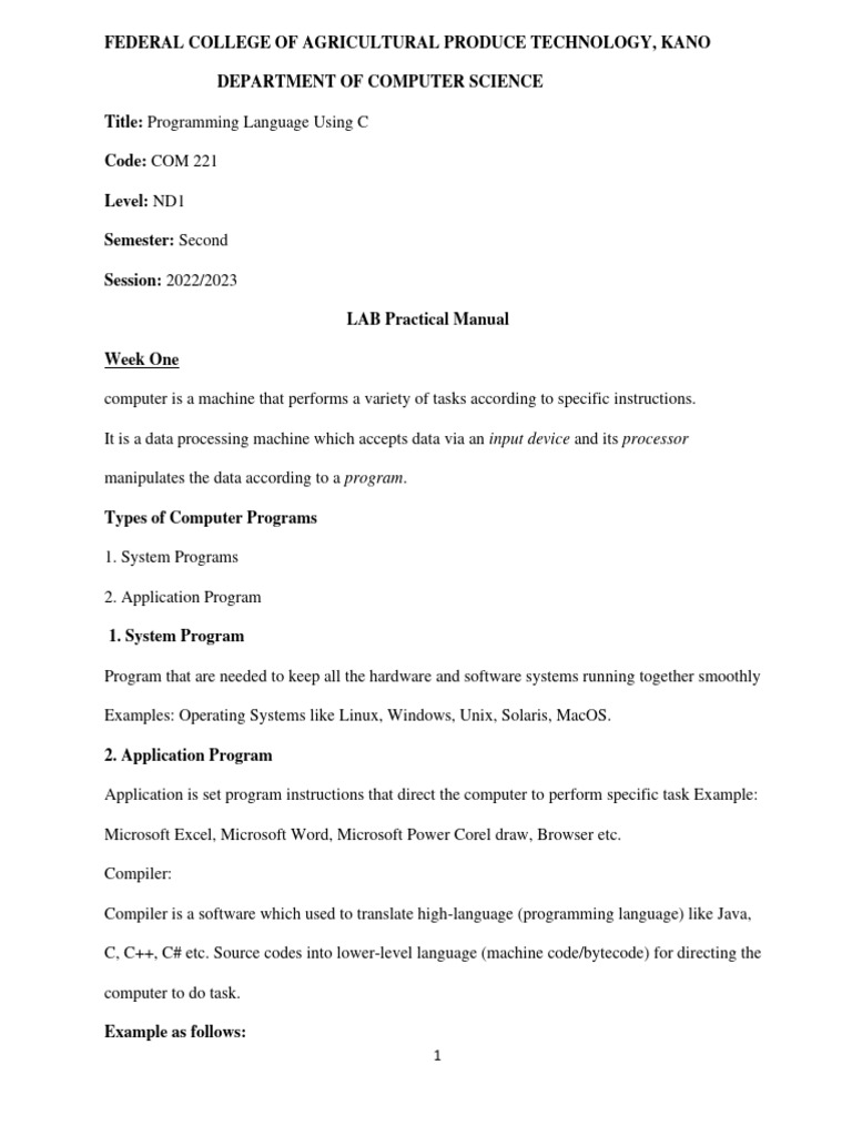 C Programming Lab Manual | PDF | Computer Program | Programming