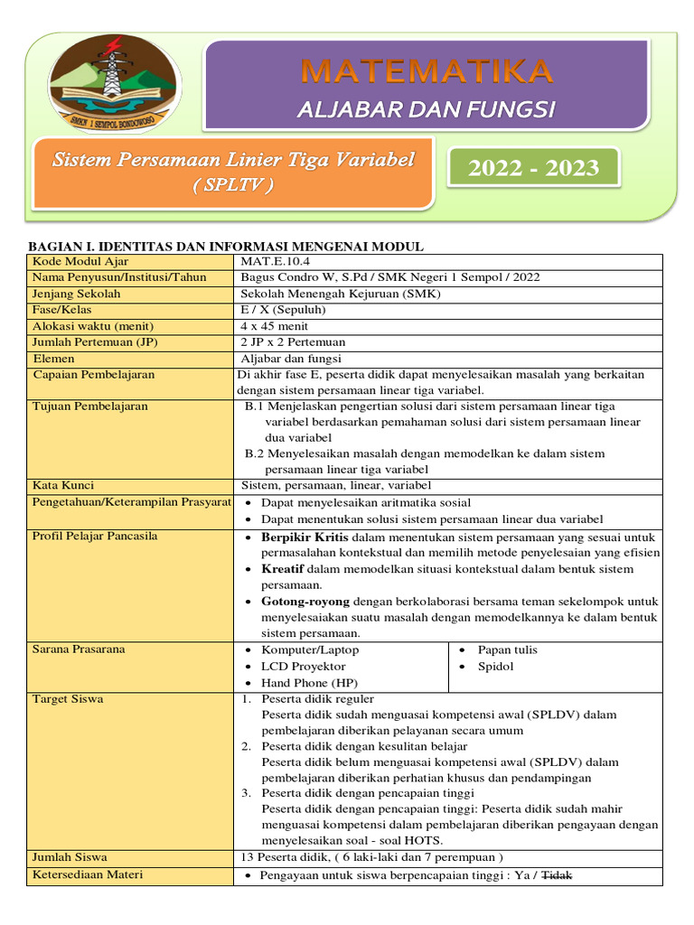 Modul SPLTV untuk Siswa SMK | PDF | Metode & Bahan Ajar
