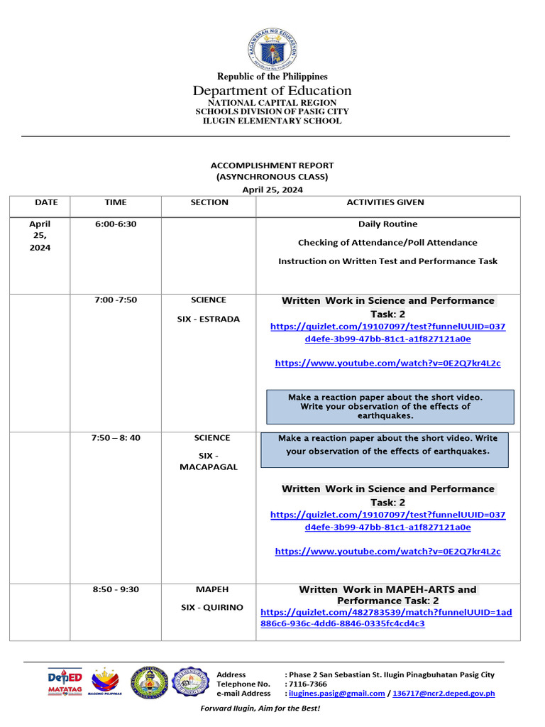Ilugin Elem. Asynchronous Report | PDF | Metro Manila | Philippines
