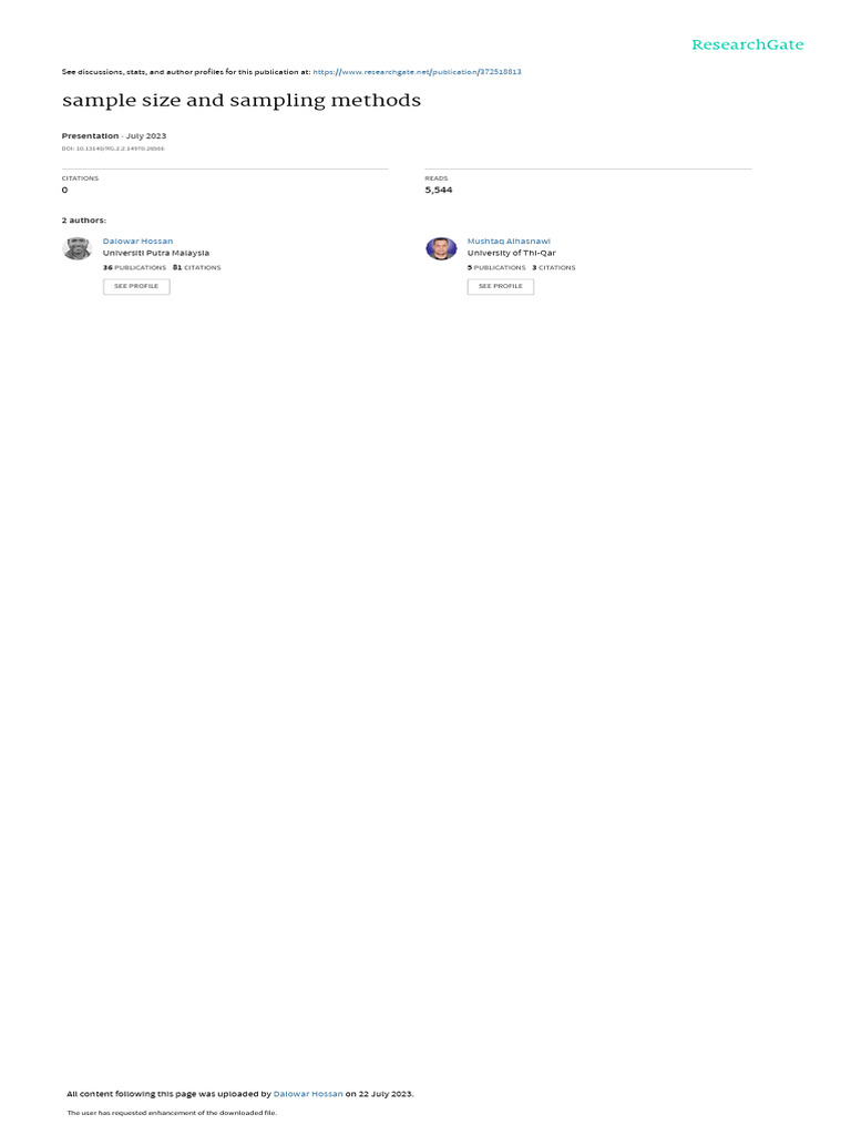 Sample Size and Sampling Methods: July 2023 | PDF | Sampling (Statistics) | Methodology