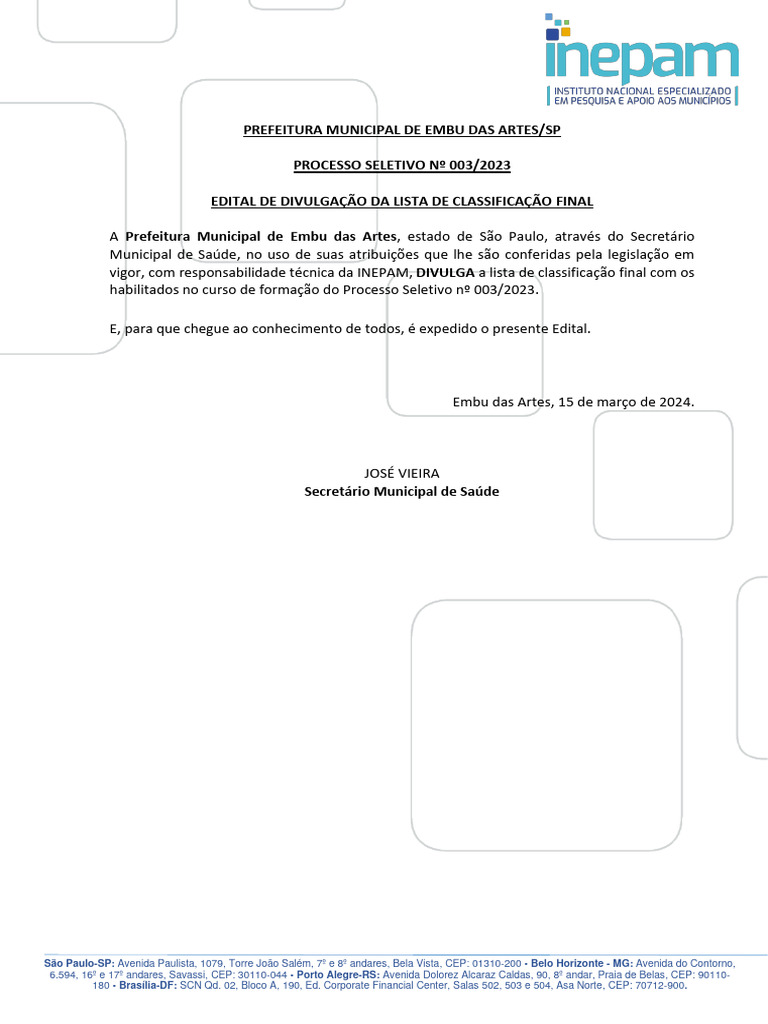 Edital De Divulgacao Da Lista De Classificacao Final Download Grátis